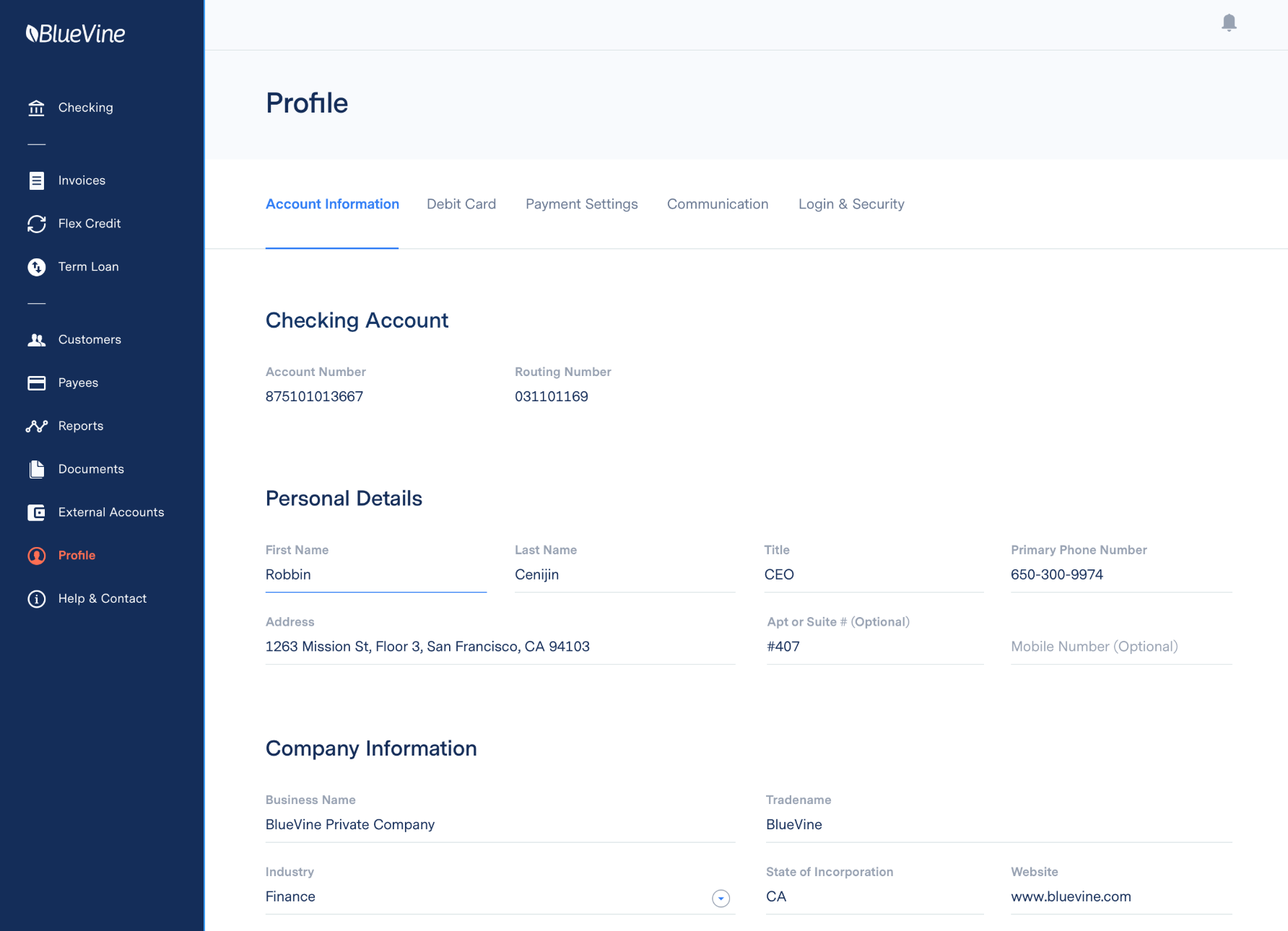 External Accounts & Profile Sections – BlueVine
